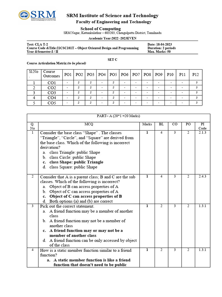 CT-2 QP - Set C - Answer | PDF | Method (Computer Programming) | C++