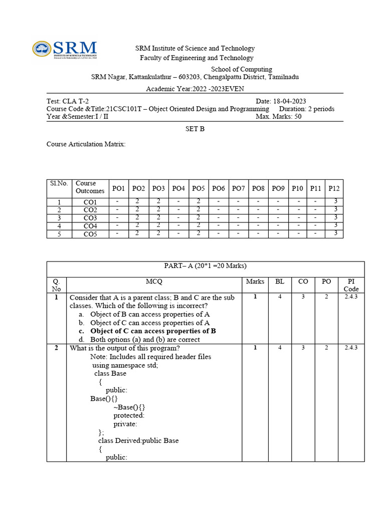 CT-2 QP - Set B - Answer | PDF | Class (Computer Programming) | C++
