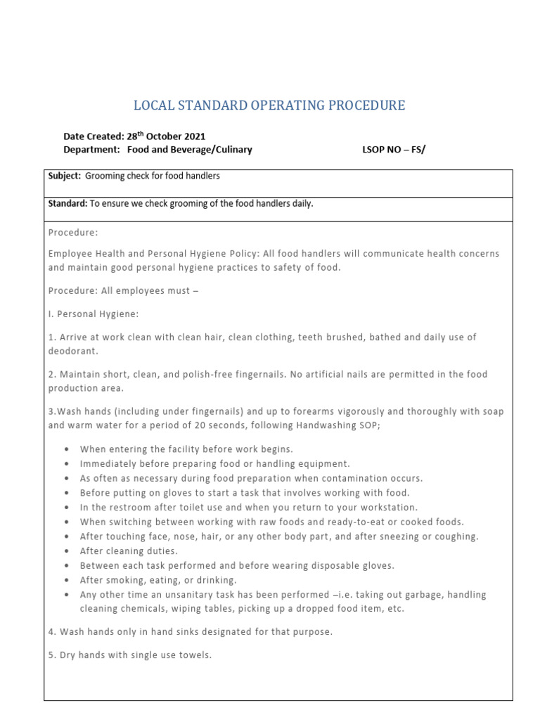 LSOP Personal Grooming Check | PDF | Hygiene | Hand Washing