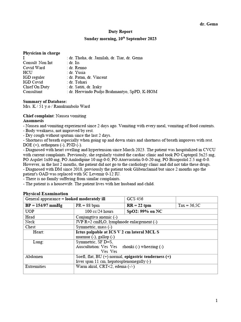 Duty Report HF + CCS 10-9-23 | PDF | Medicine | Diseases And Disorders