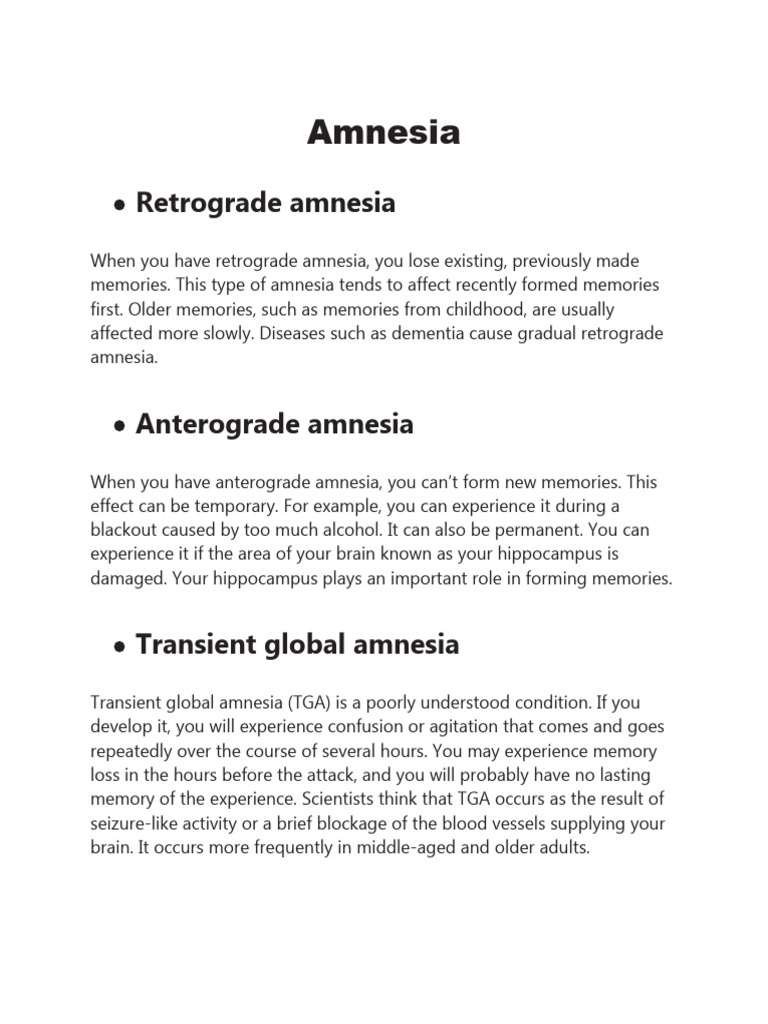 Understanding Types and Causes of Amnesia | PDF | Heart | Mental Disorder
