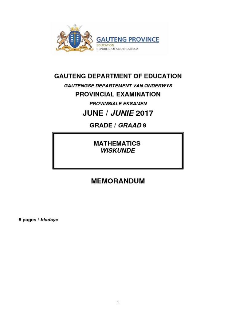 GR 9 Mathematics MEMO 2017 | PDF