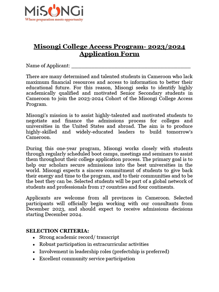 Misongi College Access Program 2023 Application | PDF