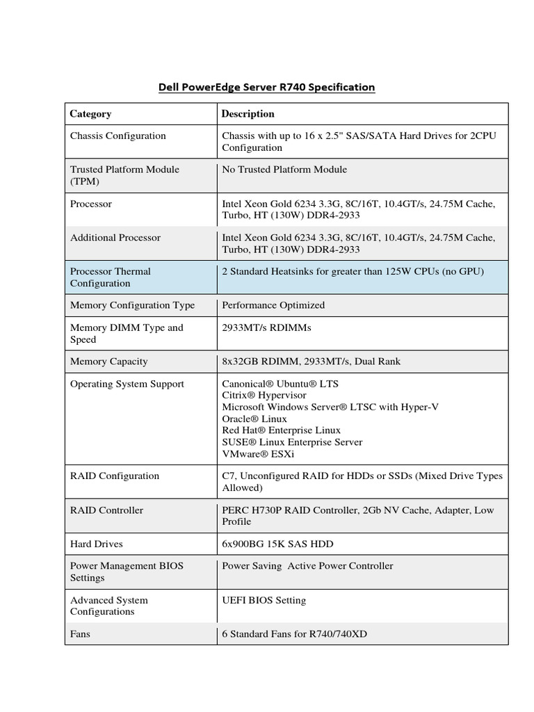 PowerEdge R740 Server Specification 1 | PDF | Hard Disk Drive | Solid State Drive