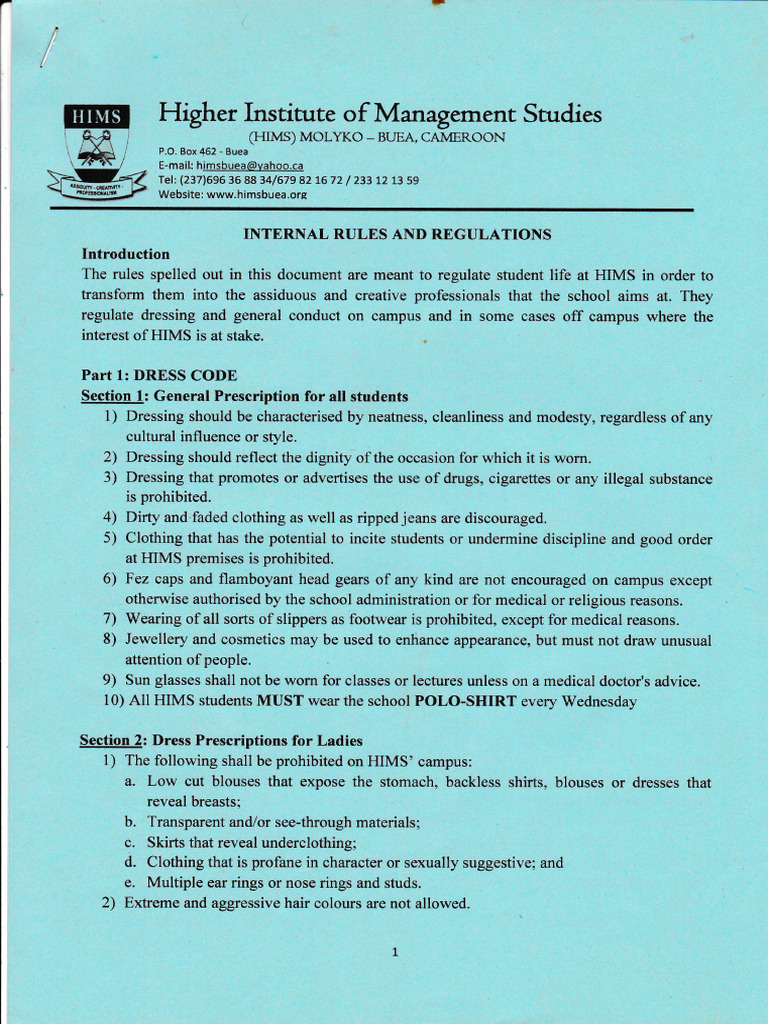 HIMS Student Conduct Guide | PDF | Science & Mathematics