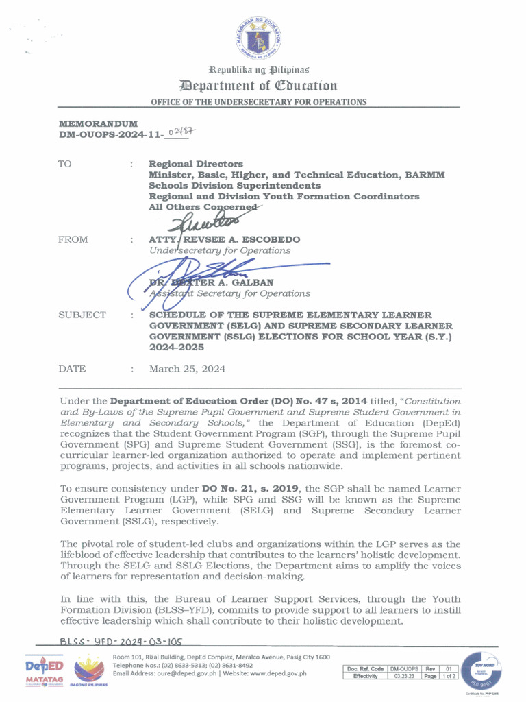 Schedule of The Supreme Elementary Learner Government SELG and Supreme ...