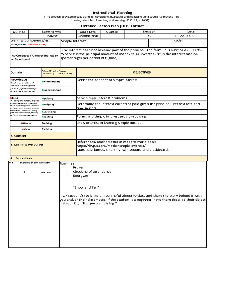 Simple Interest Lesson Plan | PDF | Interest | Learning