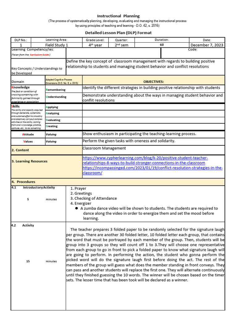 DLP Classroom Management | PDF | Classroom Management | Learning