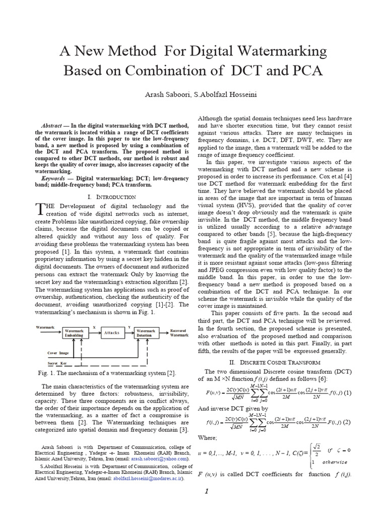 A New Method For Digital Watermarking Based On Combination of DCT and PCA | PDF | Principal ...