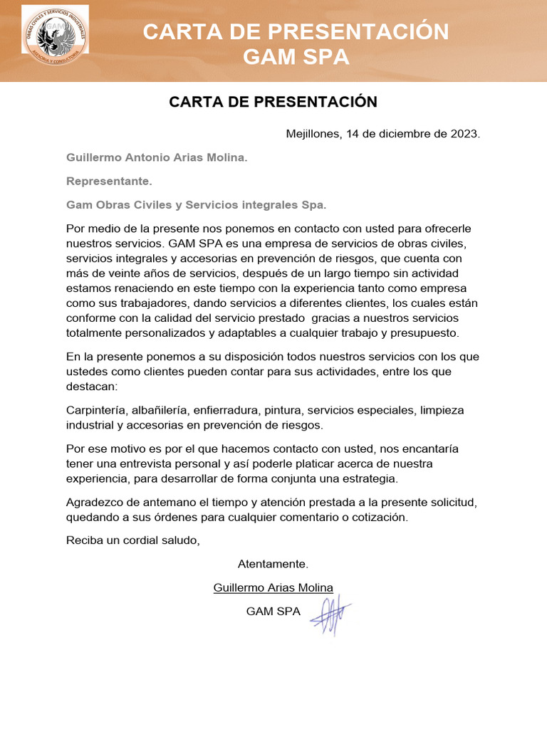 Carta de Presentacion-Gam Spa | PDF