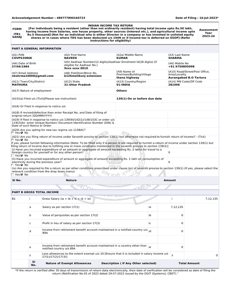 ITR-1 Filing for AY 2023-24 | PDF | Tax Deduction | Taxes