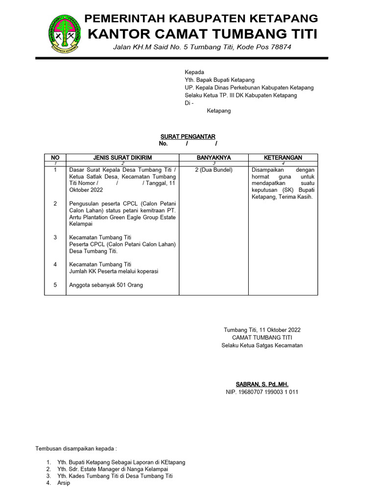 Surat Pengantar Usulan CPCL Tumbang Titi | PDF