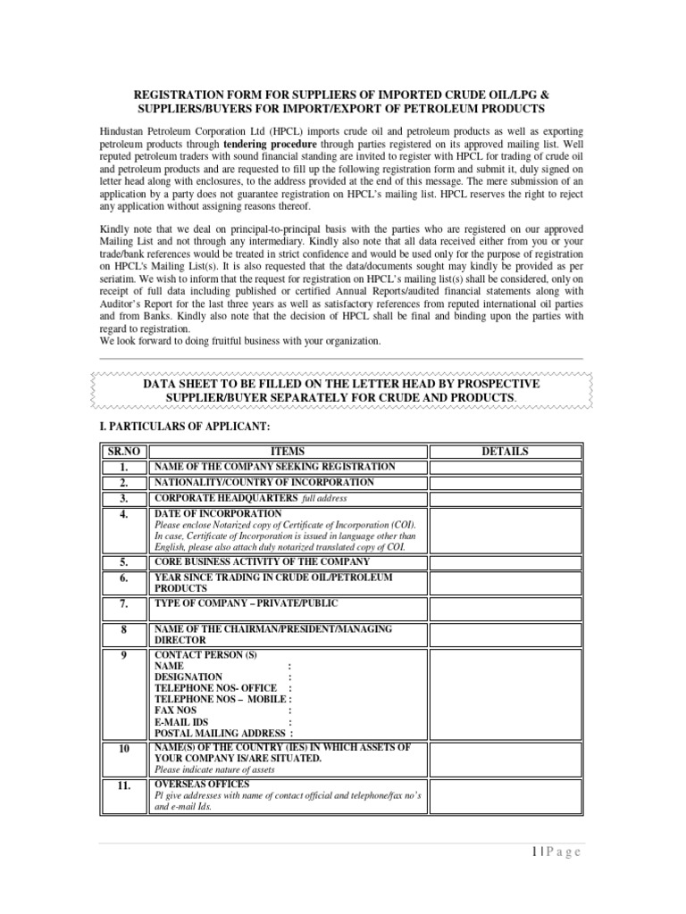 HPCL Counterparty Registration Form_Crude Products | PDF | Petroleum ...