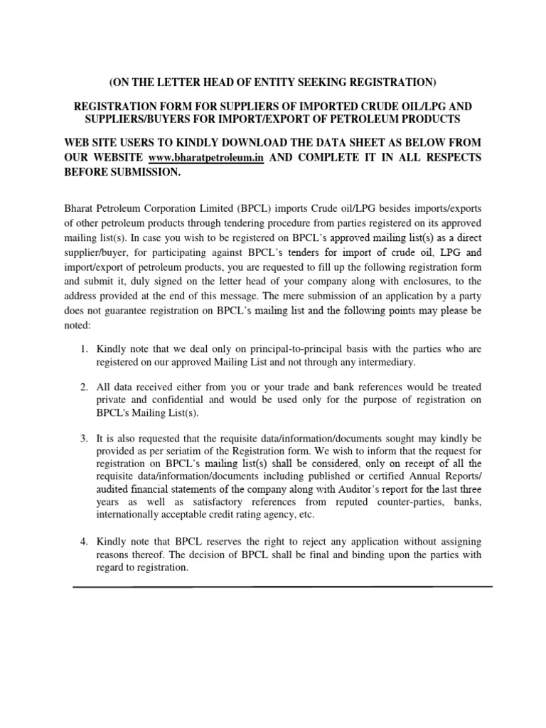 BPCL Counterparty Registration Form - Crude Products | PDF | Petroleum ...