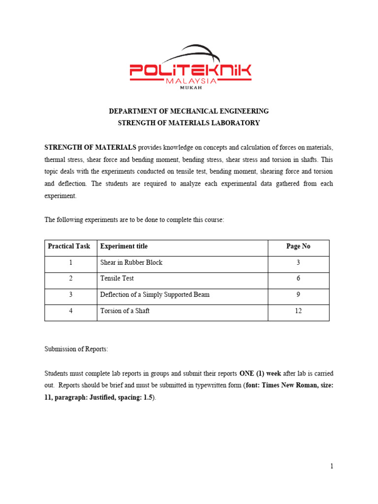 Department of Mechanical Engineering Strength of Materials Laboratory ...