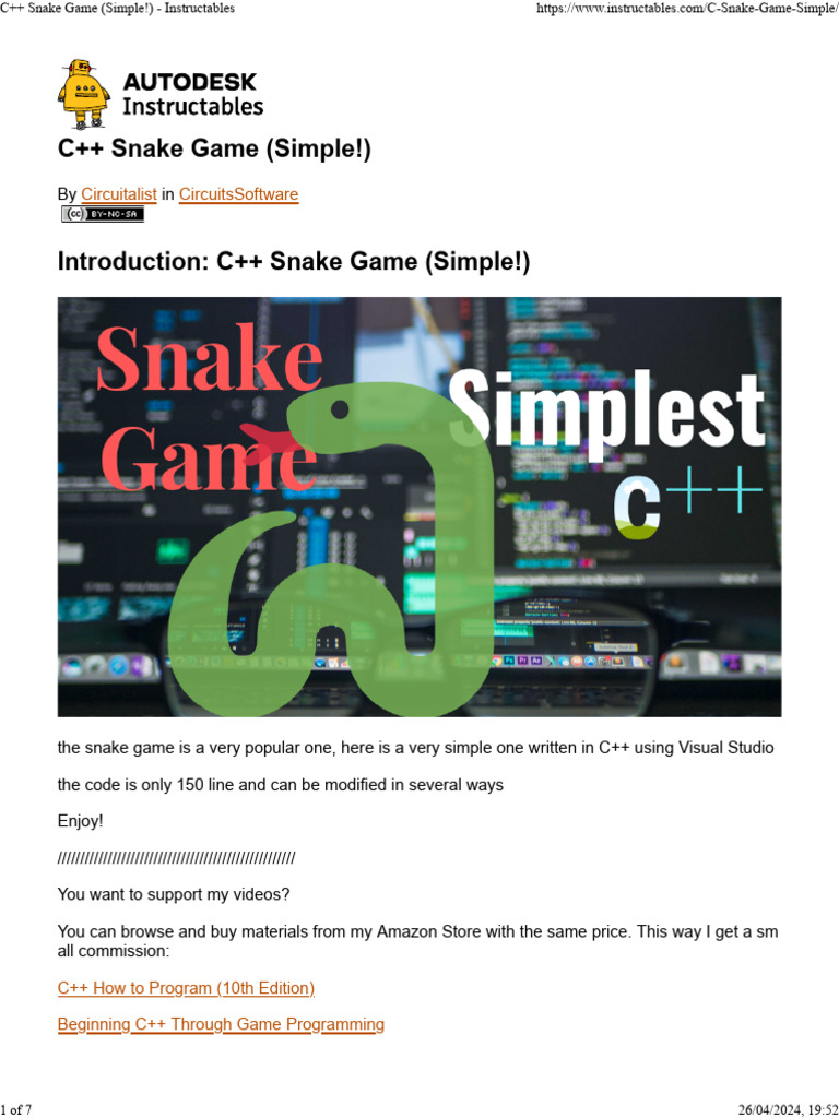 C++ Snake Game (Simple!) - Instructables | PDF | Object (Computer ... C++ Snake Game (Simple!) - Instructables | PDF | Object (Computer ...