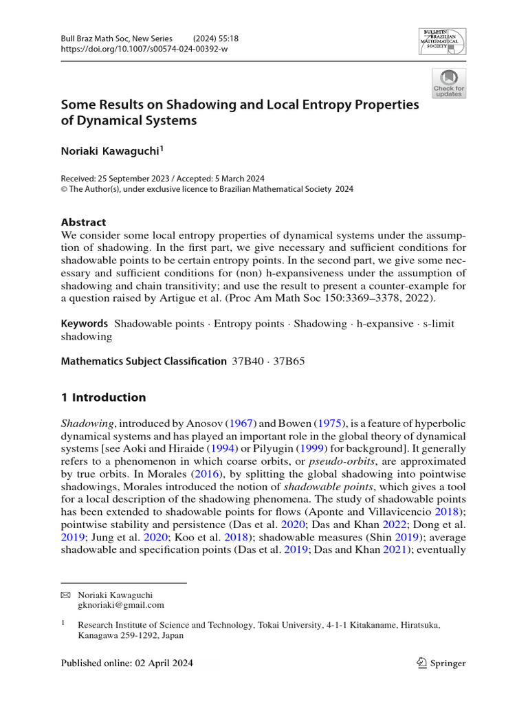 Some Results On Shadowing and Local Entropy Properties of Dynamical Systems | PDF | Continuous ...