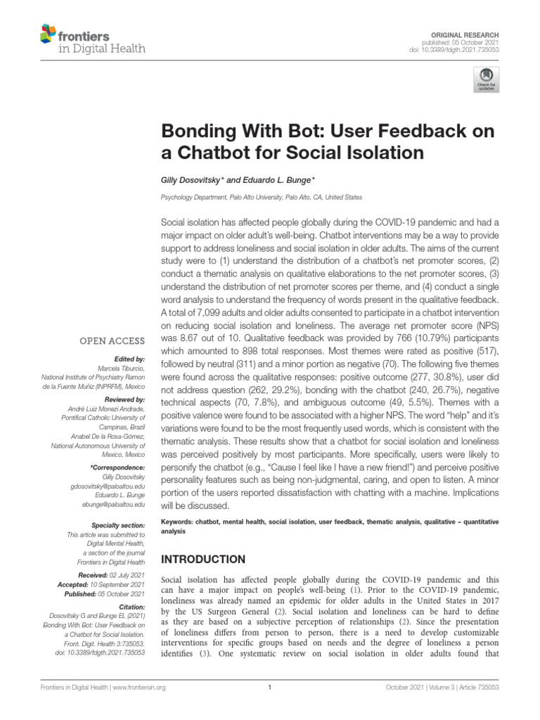Bonding With Bot User Feedback On A Chatbot For Social Isolation - en | PDF | Loneliness ...