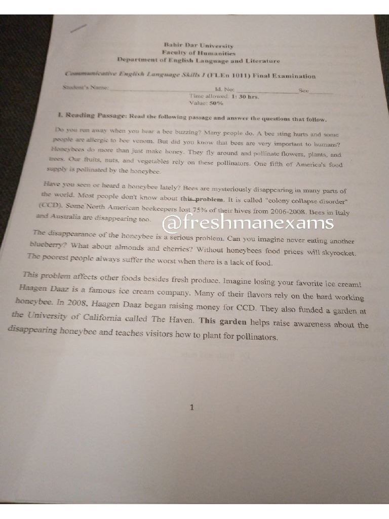 Bdu C.English I Final Exam (2013) EthioFreshmanApp | PDF