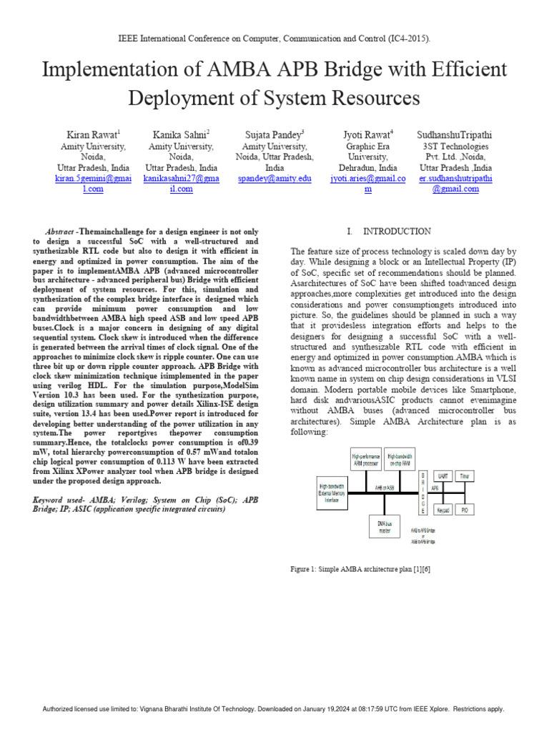 Implementation of AMBA APB Bridge With Efficient Deployment of System Resources | PDF | System ...