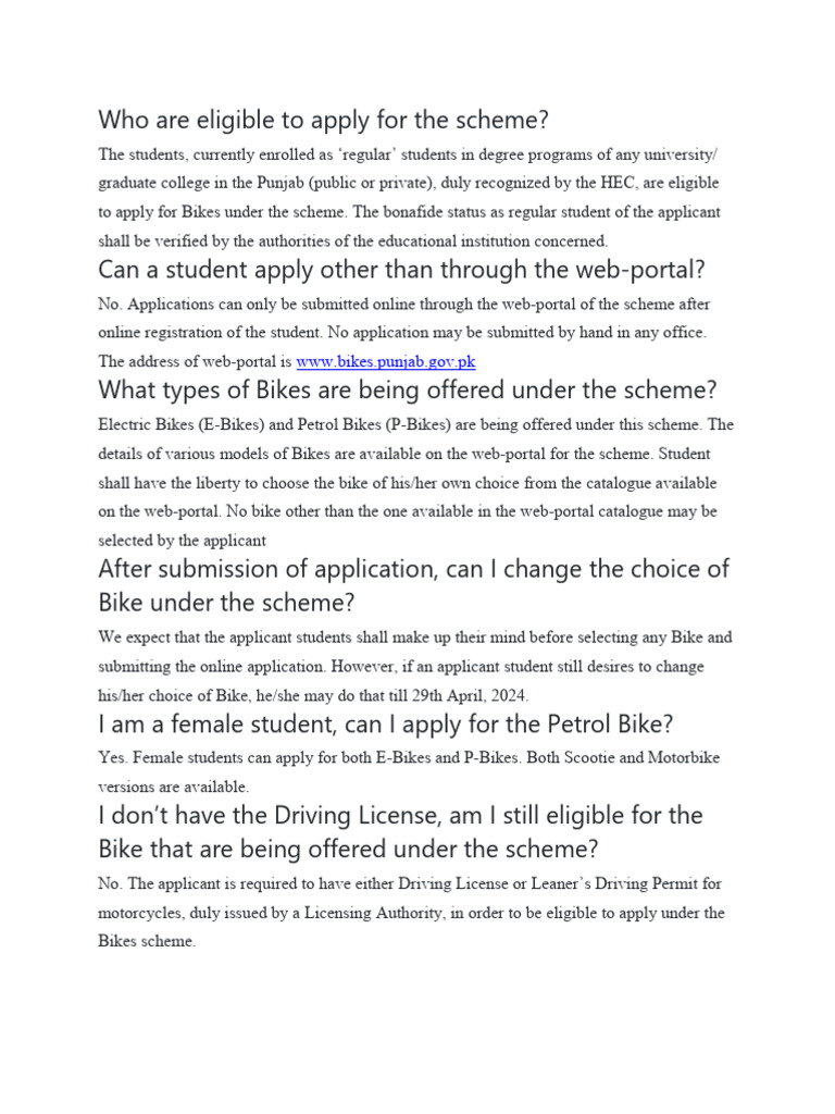Punjab Student Bike Scheme 2025 Details | PDF | Debt | Loans