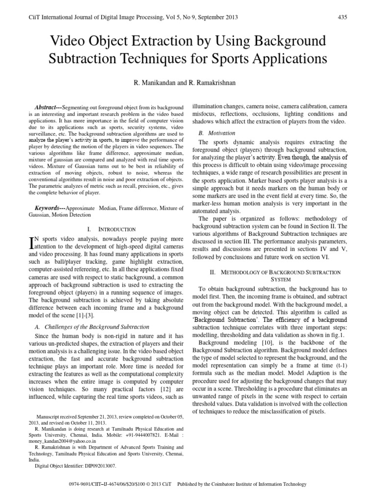 Video Object Extractionby Using Background Subtraction Techniquesfor Sports Applications | PDF ...