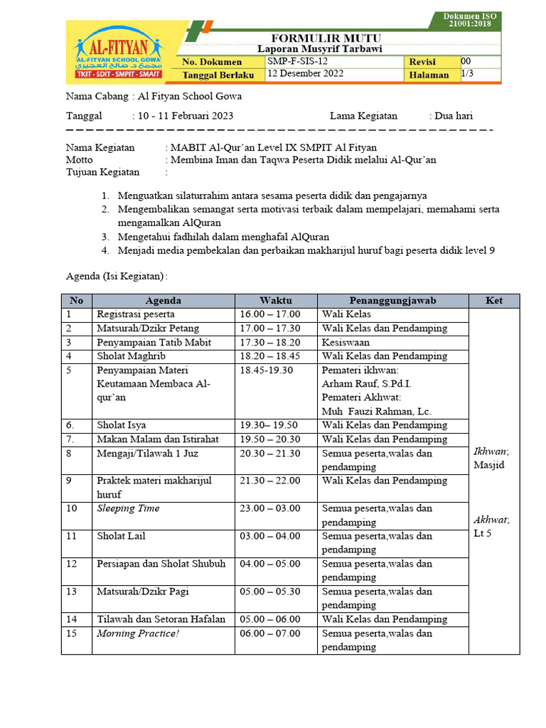 CONTOH LPJ Mabit Level 9 Ke Musyrif Tarbawi | PDF