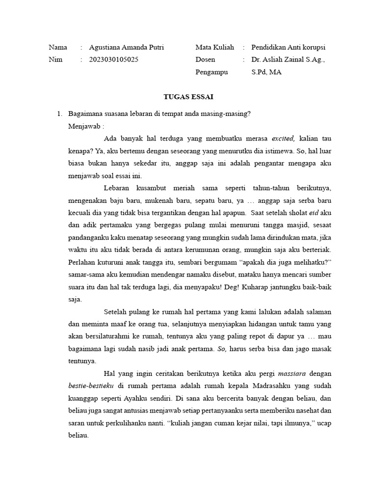 Essai Anti Korupsi - Agustiana Amnda Putri R | PDF | Pengembangan Diri | Kesehatan Holistik