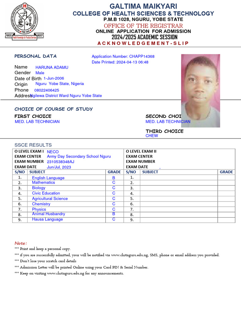 Admission Application Acknowledgment 2024 | PDF | University And ...