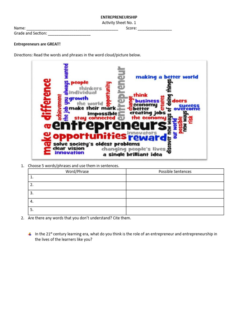 Entrepreneurship Activity Sheet for Students | PDF | Career & Growth | Art