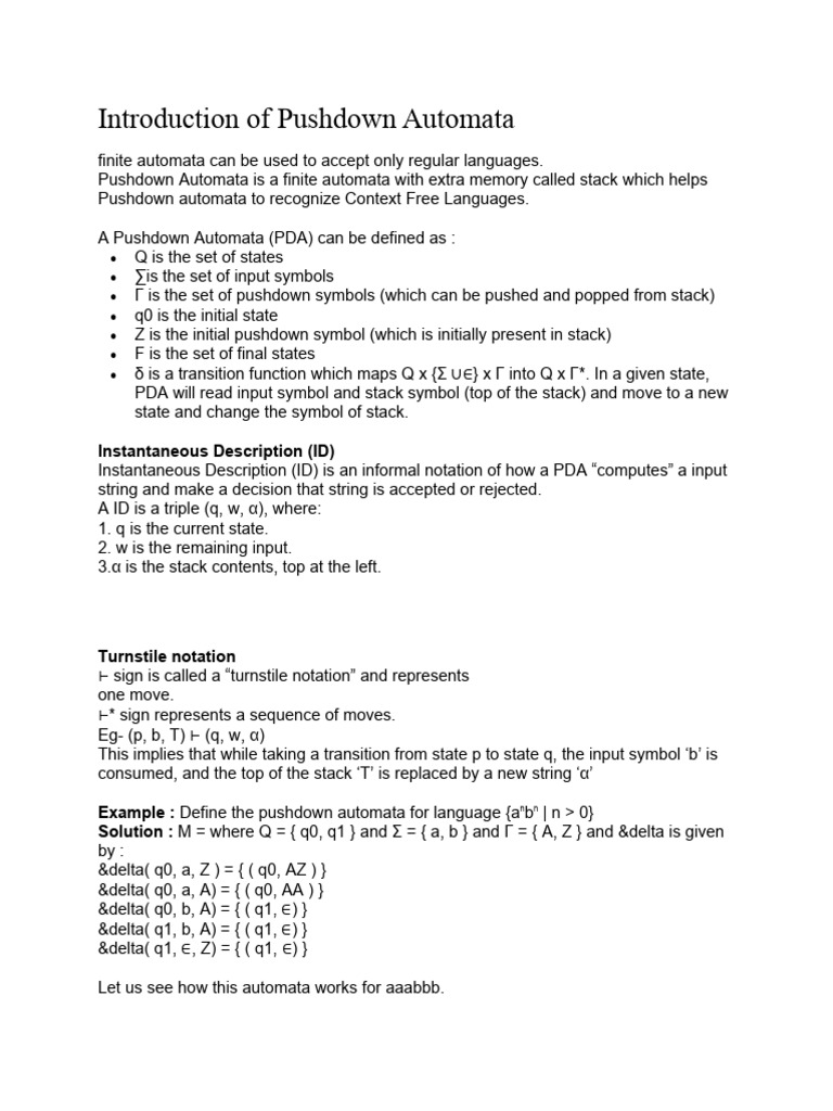 Introduction Pushdown Automata Pdf Models Of Computation Formal
