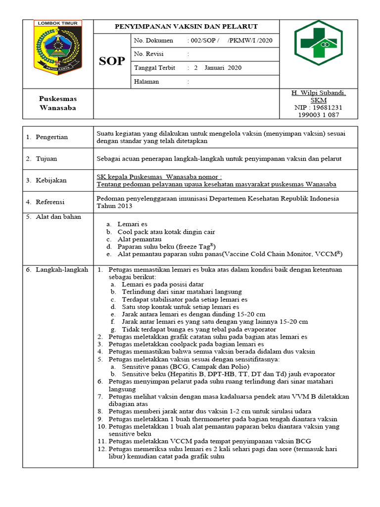 Bagi PKM Wanasaba SOP Penyimpanan Vaksin Dan Pelarut | PDF