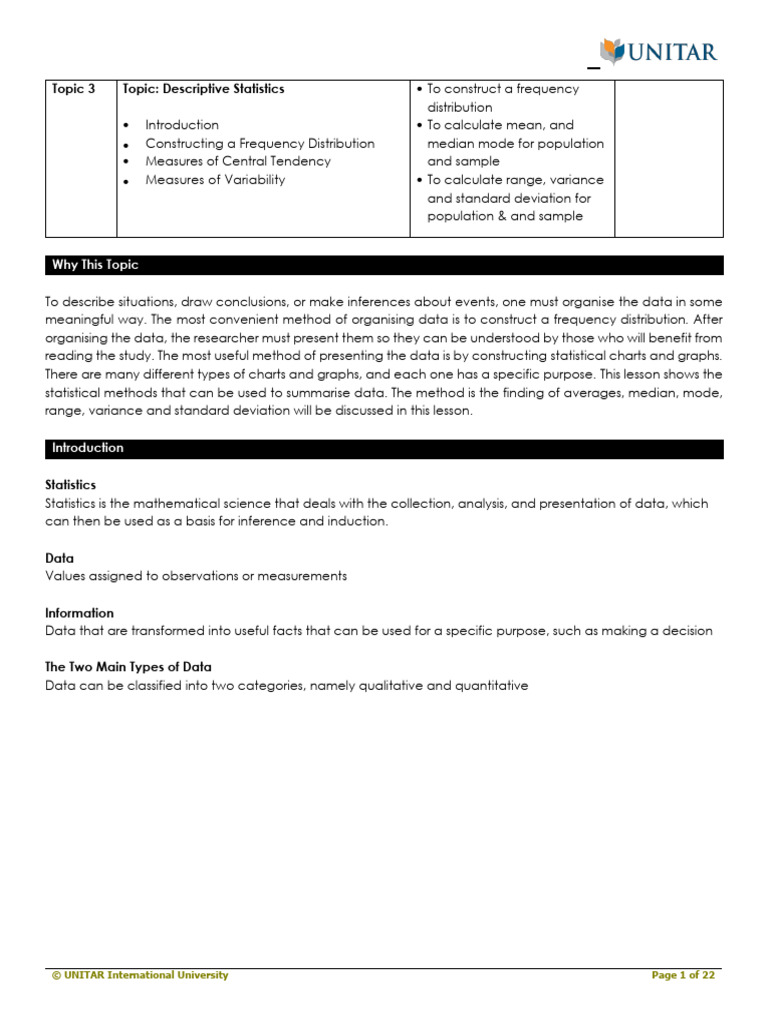 Topic 3 Pdf Coefficient Of Variation Statistics
