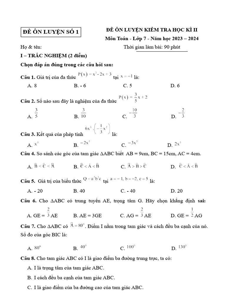 Toán 7 - HK2 - Đề 1 | PDF