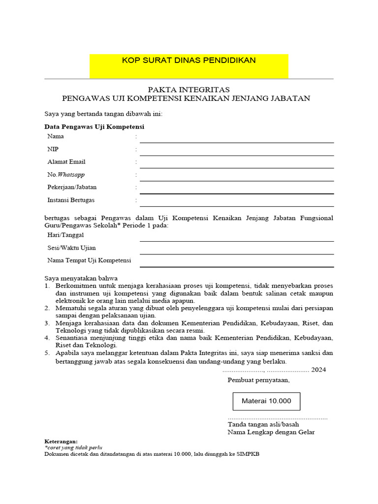 Pakta Integritas Pengawas Uji Kompetensi | PDF