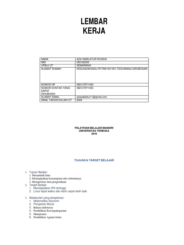 Rencana Belajar Mandiri Manajemen UT | PDF