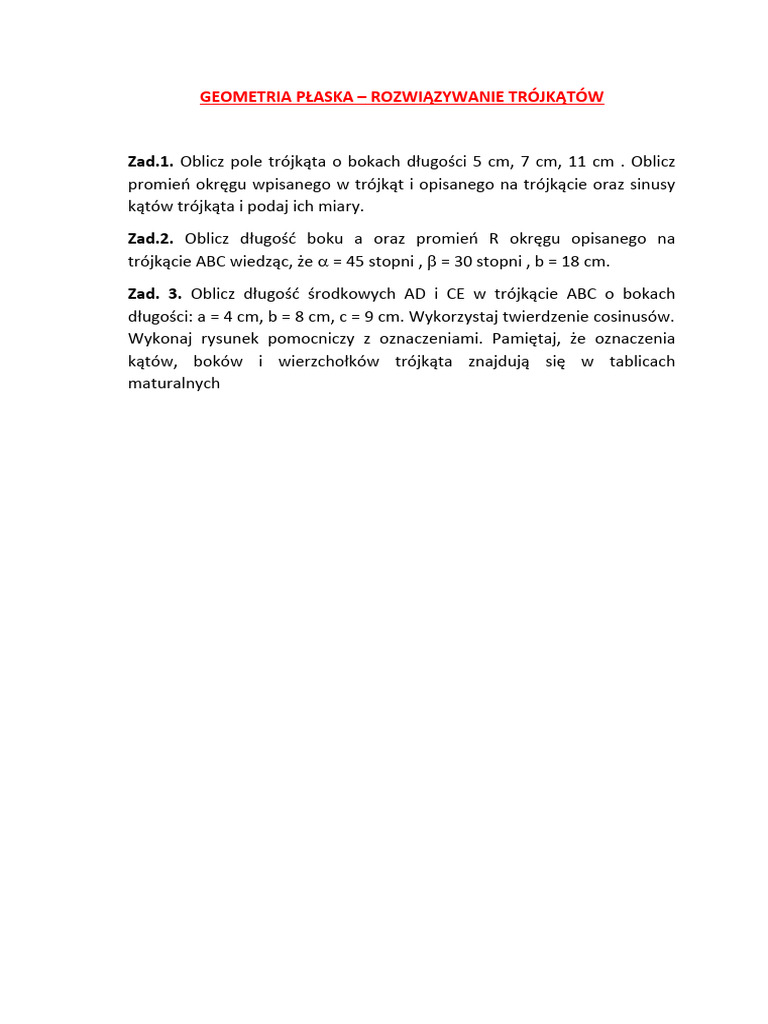 Geometria Płaska - Rozwiązywanie Trójkątów | PDF
