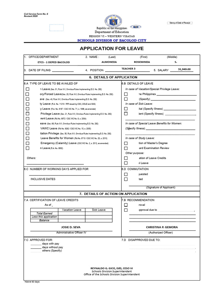 Cs Form No 6 Revised 2020 Application For Leave Fillable 1 2 Pdf