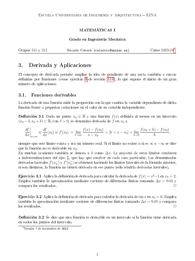 Derivada Aplicaciones Resumen | PDF | Derivado | Pendiente