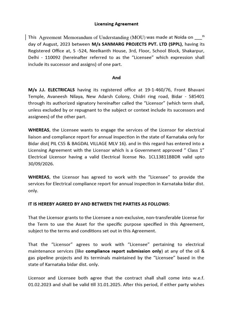Electrical Agreement - Jj Electrical (1) (1) Reliance | PDF | License ...