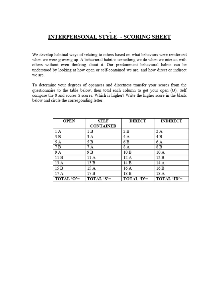 Interpersonal Style Score Sheet | PDF