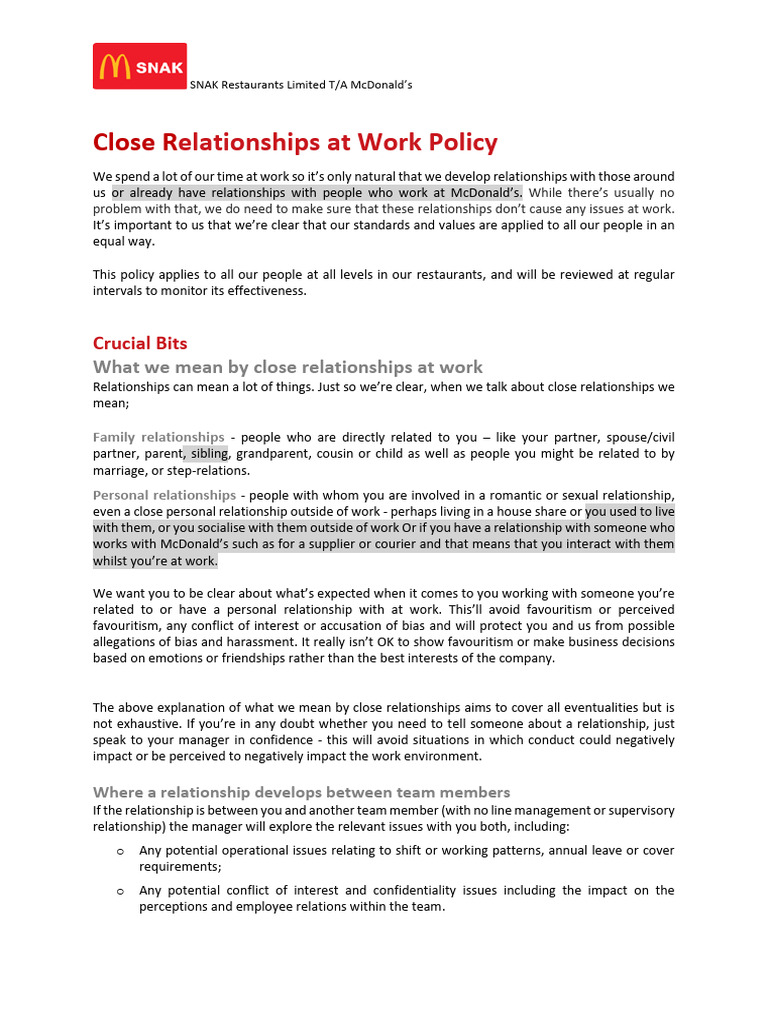 Close Relationships at Work Policy - Snak Updated 21 | PDF | Employment ...