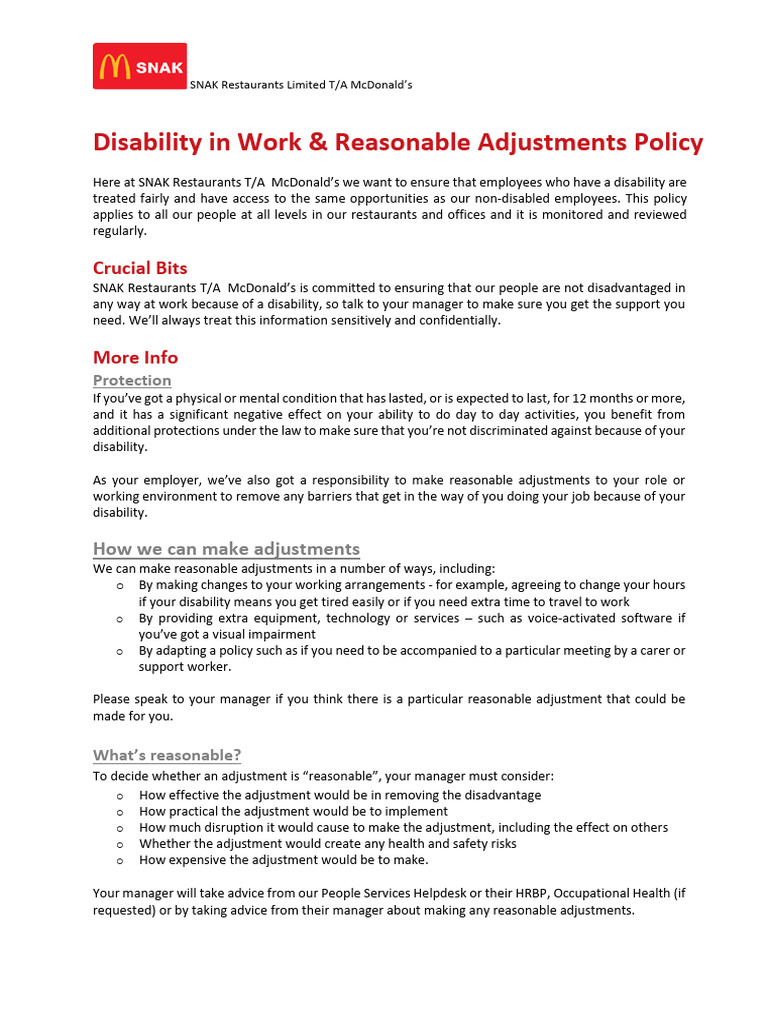 Disability in Work and Resonable Adjustments Policy - Snak | PDF ...