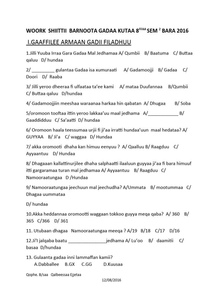 Woork Shiittii Barnoota Gadaa Kutaa 8ffaa Sem 2 Bara 2016 | PDF