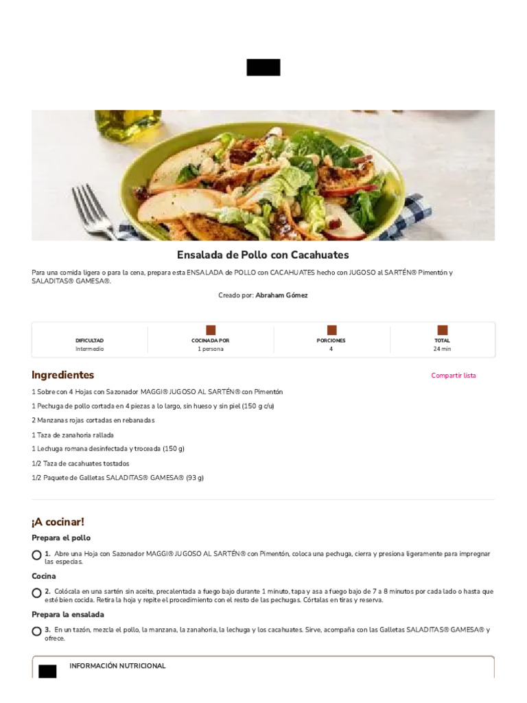 Ensalada de Pollo Con Cacahuates - Recetas Nestlé | PDF