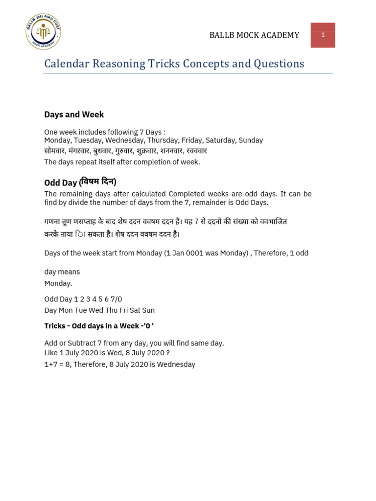 Calendar Tricks and Concept - 240120 - 194100 | PDF