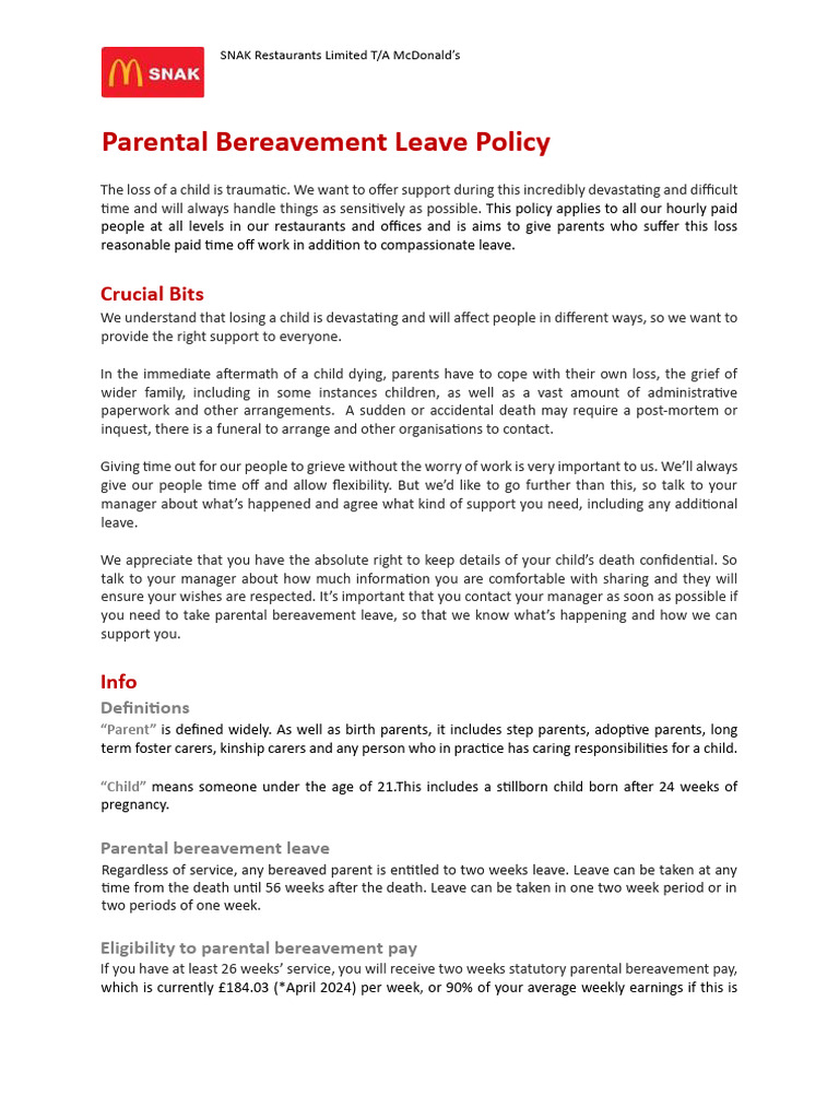 Snak Parental Bereavement Leave Policy - Updated 08 | PDF | Grief