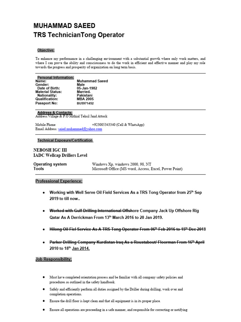 Saeed TRS Operator CV 2022 (1) | PDF | Occupational Safety And Health ...