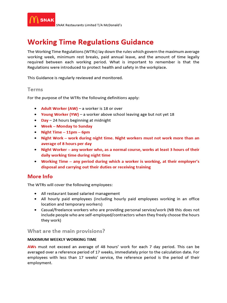 Working Time Regulations Guidance - Snak | PDF | Working Time | Employment