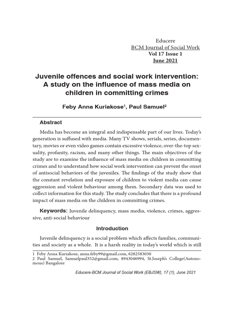 Juvenile Offences and Social Work Intervention: A Study On The ...